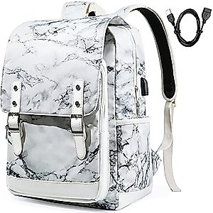 Junlion Vintage Backpack Gift for Girls Marbled School Bag College Daypack Travel Rucksack with USB Charging Port