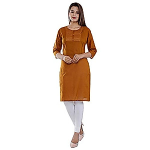 Ramkudi Indian Women's Plain Embroiderd Cotton Straight Kurti Top (Caramel)