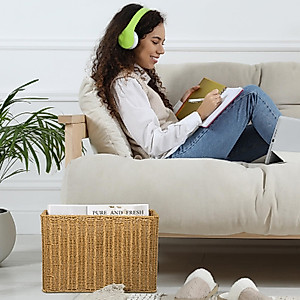 STOBAZA Woven Basket with Handles Magazine Book Storage Basket Bin for Home Office, Handwoven Narrow Basket for Books, Newspaper, File and Mail - 38.00X26.00X15.00CM