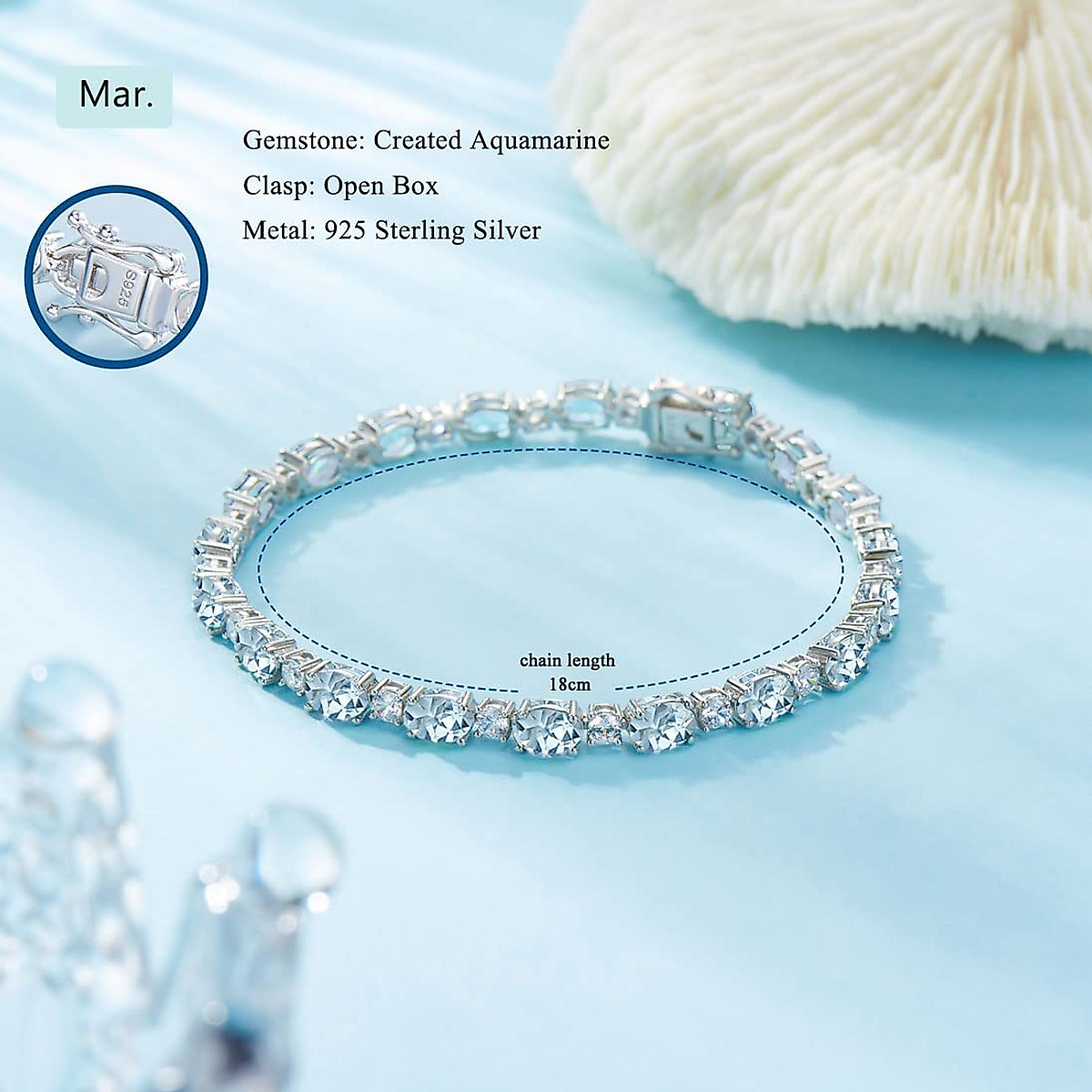 Leva Jewkis March Birthstone Bracelets for Women Sterling Silver Tennis Bracelets with Created Aquamarine Blue Dainty Charm Jewelry Anniversary Birthday Christmas Gifts for Women 7 Inches