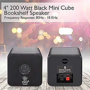 Pyle Home 4” Mini Cube Bookshelf Speakers-Paper Cone Driver, 200 Watt Power, 8 Ohm Impedance, Video Shielding, Home Theater Application and Audio Stereo Surround Sound System - 1 Pair -PCB4BK (Black)