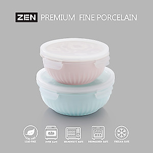 ZEN Pleats Porcelain Serve and Store Airtight Container 14&22oz Bowls Set of 2 (Mixed Color)