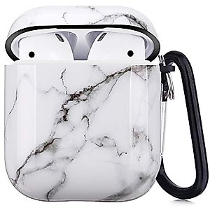 Airpod Case - LitoDream Marble Airpods Protective Hard Case Cover Portable & Shockproof Women Girls with Keychain for Apple Airpods 2/1 Charging Case - White Marble