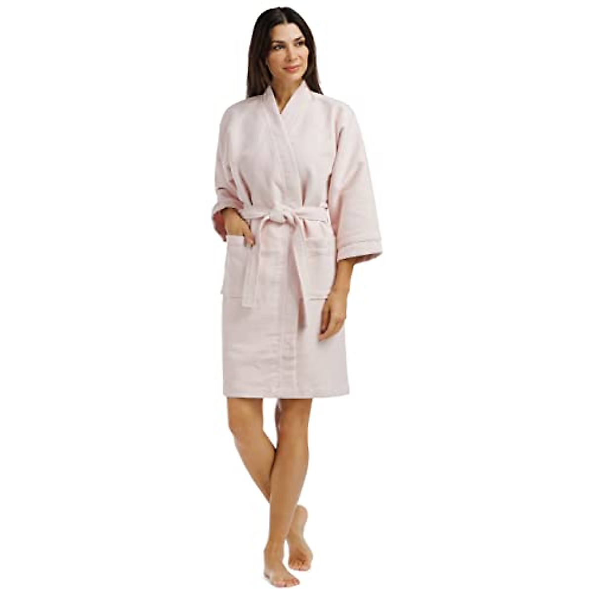 Fishers Finery Women's Waffle Knit Cotton Modal Kimono Spa Robe; Above Knee Length with Pockets and Tie Waist, Luxury Bathrobe (Pink,S)