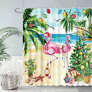 Allenjoy 72" x 72" Pink Christmas Flamingo Shower Curtain Set with Hooks Tropical Beach Themed Funny Summer Xmas New Year Holiday Home Farmhouse Bathroom Bathtubs Decor Washable Durable Fabric