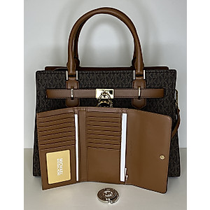 MICHAEL Michael Kors Hamilton MD Satchel bundled with Trifold Wallet and Purse Hook (Signature MK Brown)