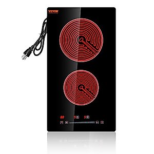 VEVOR Built in Electric Stove Top, 12 inch 2 Burners, Glass Radiant Cooktop with Sensor Touch Control, Timer & Child Lock Included, 9 Power Levels for Simmer Steam Slow Cook Fry,110V with US Plug