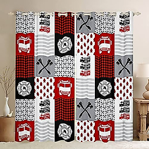 5Pcs Red Fire Truck Car Duvet Cover Set Queen Size & Curtain Set: 1 Duvet Cover + 2 Pillowcase + 2 Panels of 42 W x 63 L inch Each