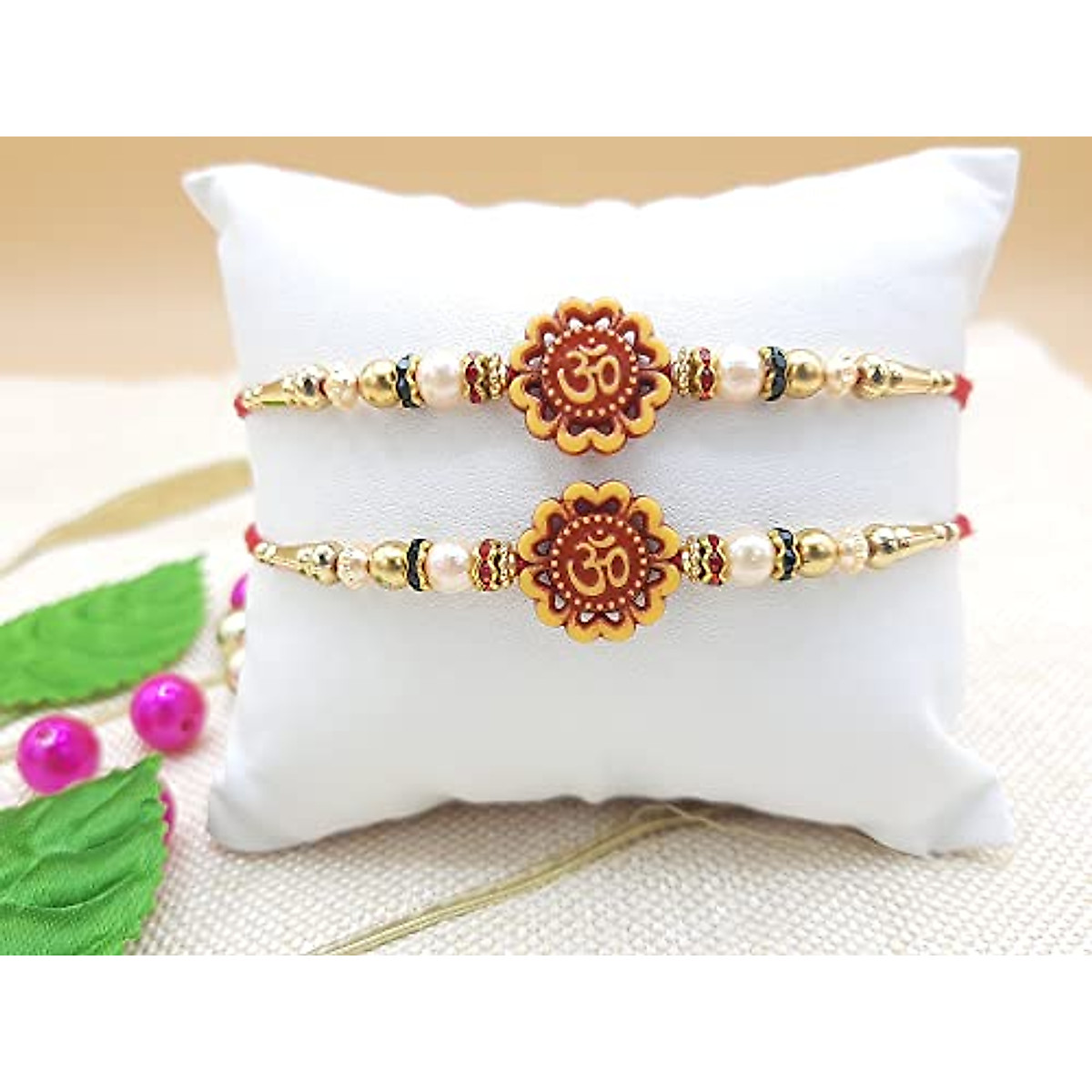 Rakhi Traditional for Brother Sister, Multi Color Beautiful & Fancy Designer Thread Raksha Bandhan Rakhi Gift (Design1 - Flower OM Rakhi Set of 2, Small)