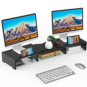 WALI Dual Monitor Stand Riser, 3 Shelf Laptop and Computer Monitor Stand with Phone Holder, Length and Angle Adjustable Desk Organizer (PTT007T-B), Black