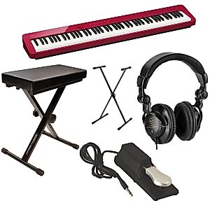 Casio PX-S1100 Privia 88-Key Slim Stage Portable Digital Piano with Bluetooth Adapter, Black Bundle with Studio Headphones, Keyboard Stand, Bench, Sustain Pedal (White) (Red) (Red)
