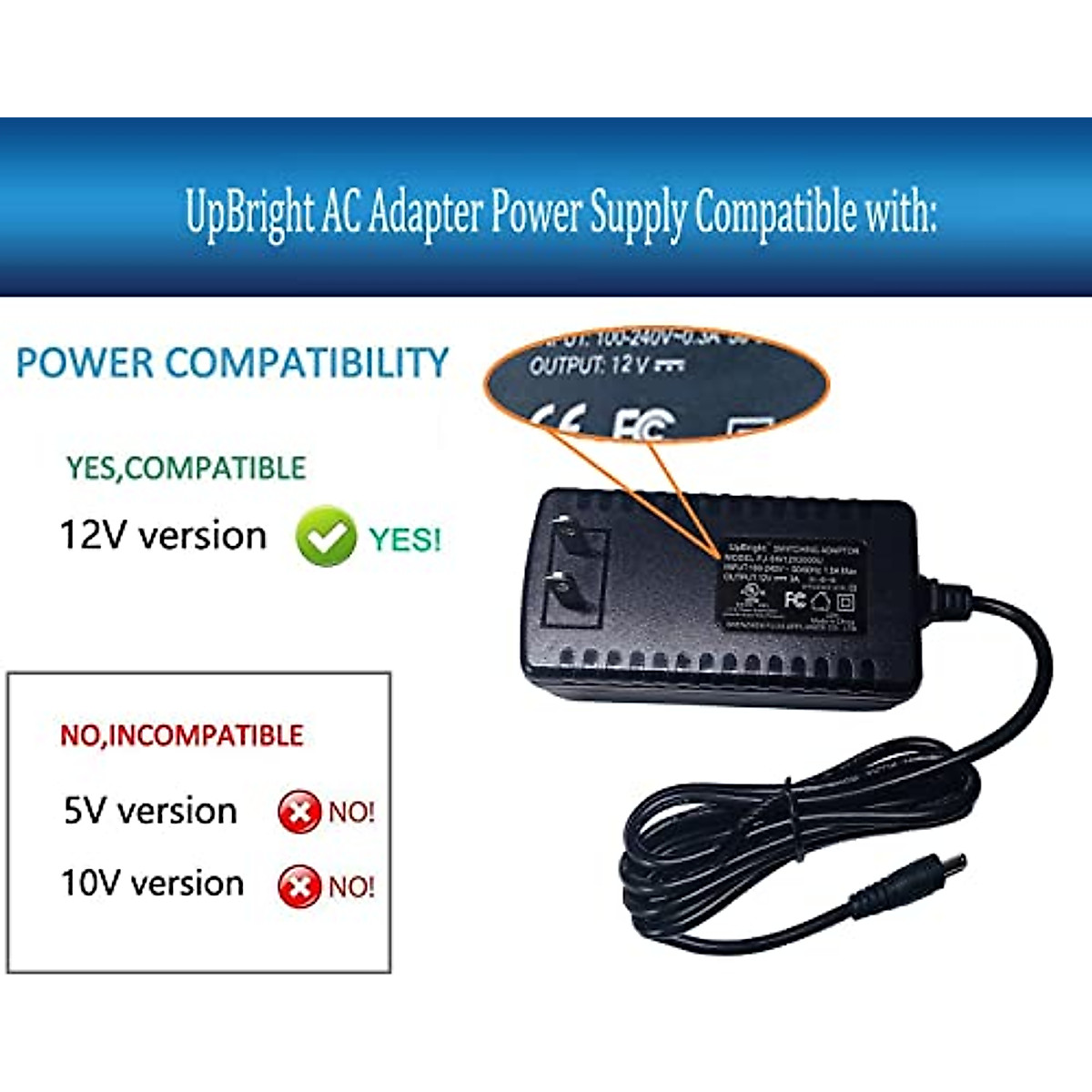 UpBright 12V UL AC/DC Adapter Compatible with Core Innovations CLT1164 CLT1164BL CLT1164BU 11”HD Touchscreen CLT136401 CLT136401SL CLT136401BL 14" Wind10 S Power Supply Battery Charger (NOT for 5V)