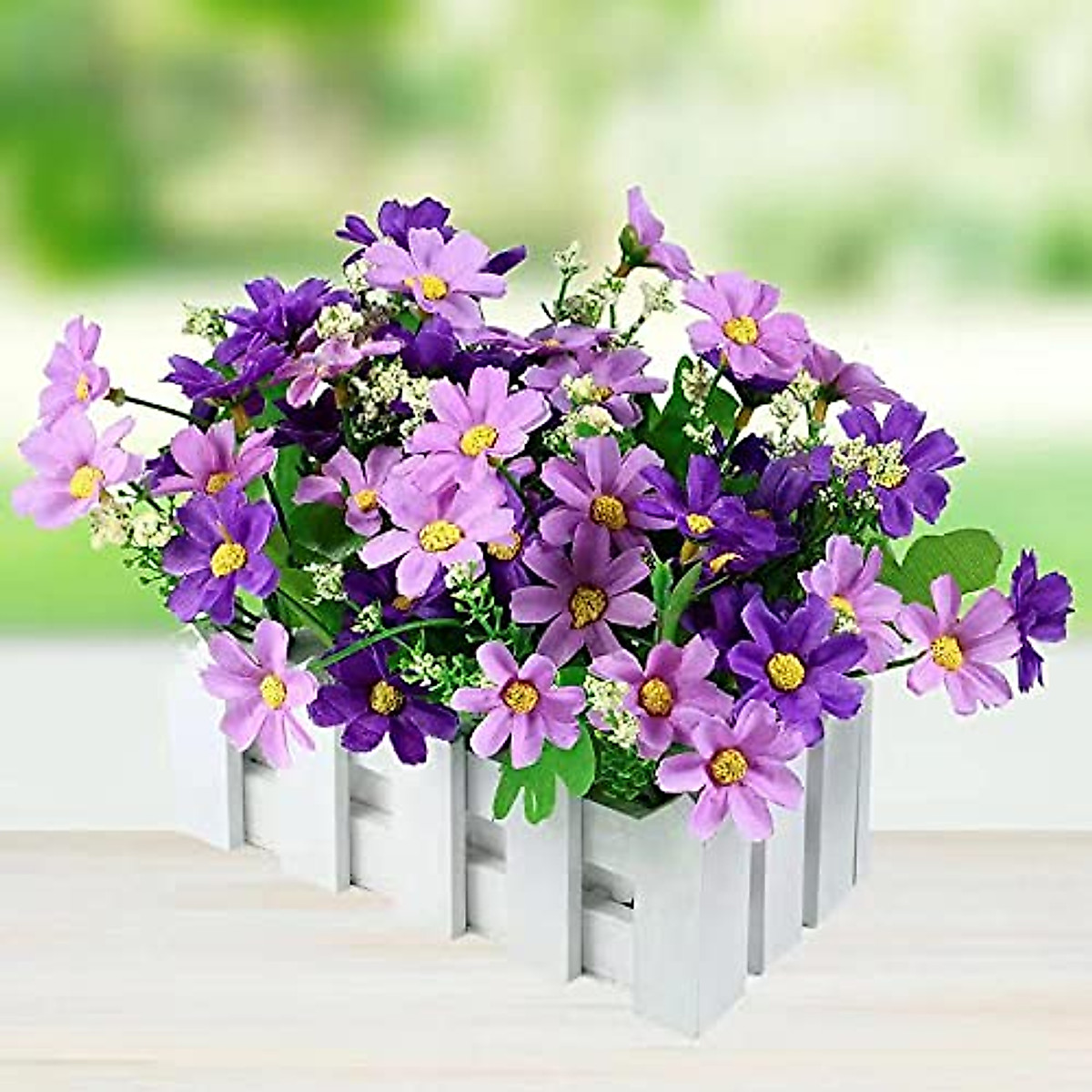Louis Garden Artificial Flowers Fake Daisy in Picket Fence Pot Pack - Mini Potted Plant (Daisy-Purple)