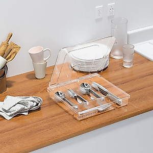 CDWMJ Silverware Organizer for Drawer & Countertop with Lid, Plastic Flatware Cutlery Tray with 5 Compartments, Dustproof Portable Kitchen Utensil Holder