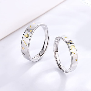 Crescent Moon and Sun Star Matching Couple Rings for Him and Her 925 Sterling Silver Minimalist Cute Stars Promise Engagement Ring Wedding Band Anniversary Ring Statement Finger Bands Adjustable