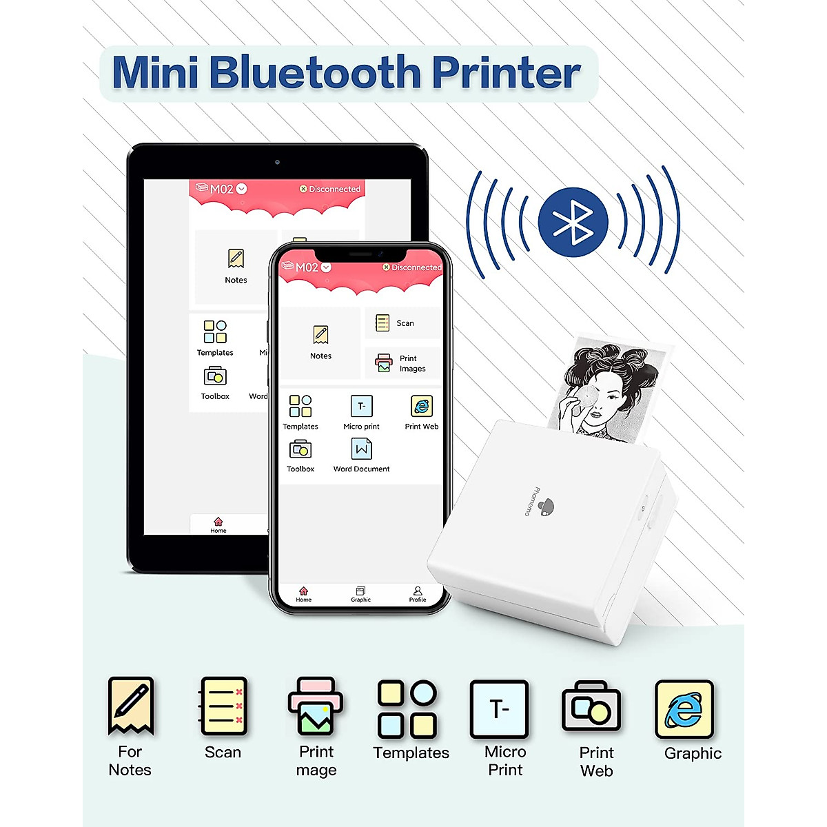 Memoqueen Mini M02 Pocket Printer, Portable Bluetooth Thermal Sticker Printer Mobile Printer, Compatible with iOS & Android, for DIY Journal,Notes, Cartoon,Mini Banner, White