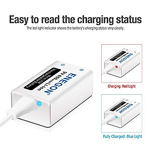 ENEGON 9V Direct USB Rechargeable Lithium-ion 650mAh Batteries with 2 in 1 Micro USB Cable for Wireless Microphone, Smoke Alarms, Electronic Toys, Walkie-Talkie and More Devices (4 Pack)