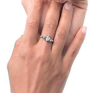 Gem Stone King 10K White Gold Sky Blue Aquamarine and White Diamond Irish Celtic Claddagh Ring For Women | 0.79 Cttw | Heart Shape 6MM | Gemstone Birthstone, Available In Size 5, 6, 7, 8, 9