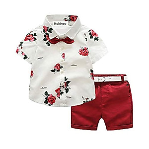 Mubineo Toddler Little Boy Kids Summer Floral Shirt Bermuda Shorts Outfit Set Clothes (White/Red, 3T)