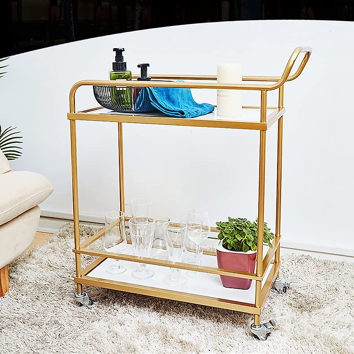 FLYIFE Movable Hand Trucks Dining Cart Hotel Shower Room Cart Restaurant Drink Cart Tea Cart Showroom Living Room Home Mobile Car/Marble Panel/69X35X82Cm