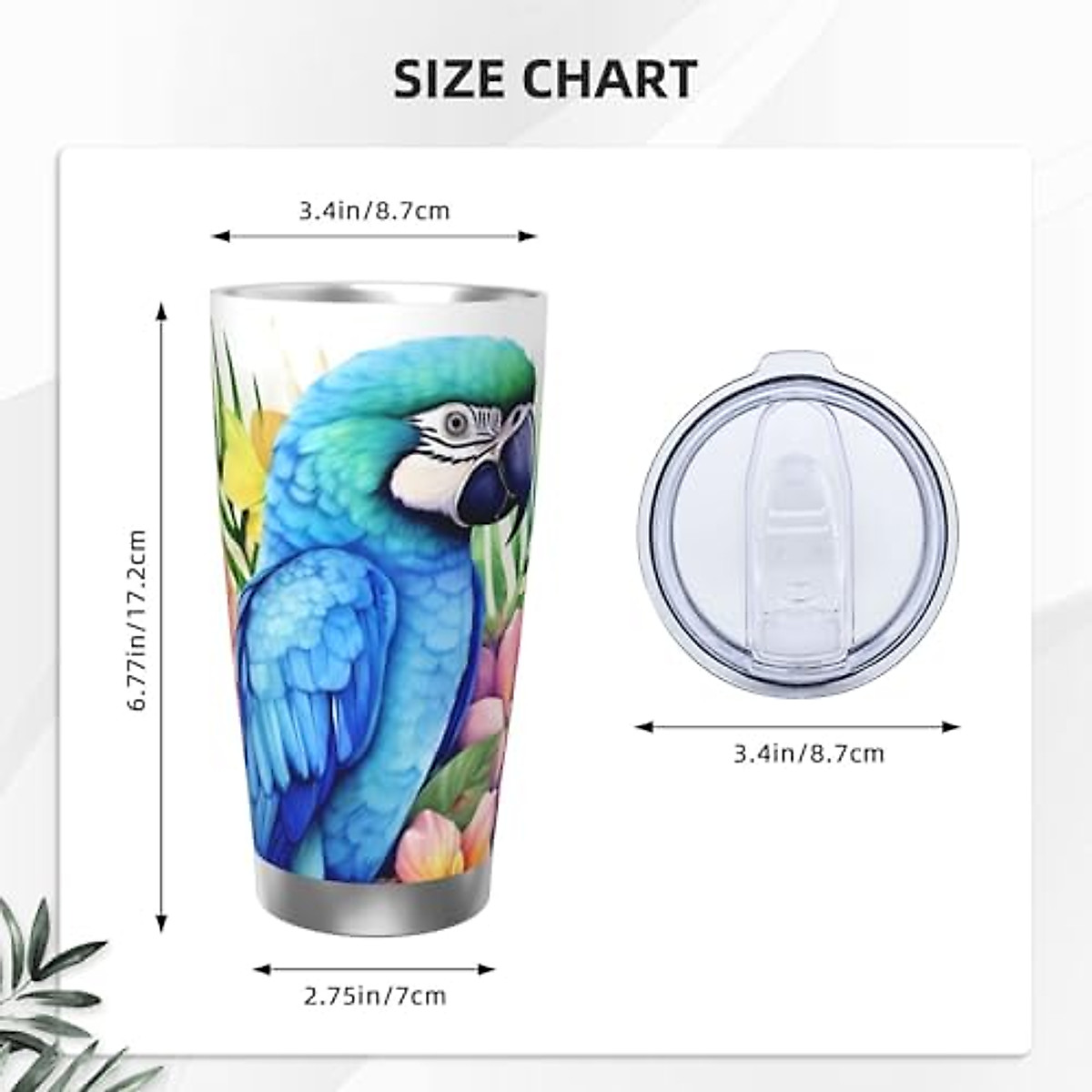 Blue Parrot in Flowers Tumbler with Lid and Straw 20oz Stainless Steel Car Cup for Hot and Cold Drinks, Double Wall Insulated Travel Coffee Mug Reusable Drink Thermos Cup Birthday Gifts