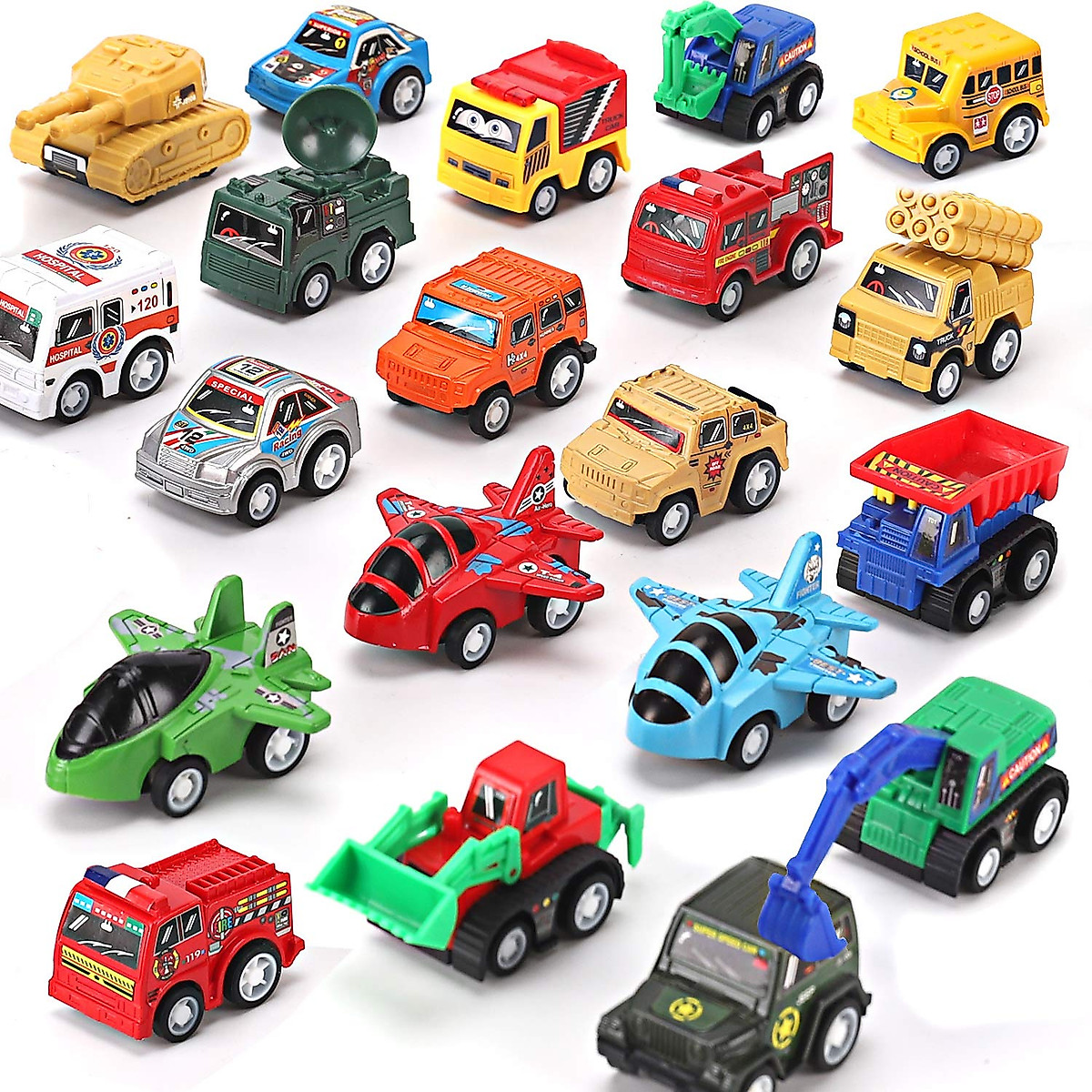 36 PCS Mini Pullback Vehicles Toy Pocket Cars Mega Set for Kids - Pull Back Plastic Miniature Construction Truck, Military Vehicle, Race Car, Fighter Jets Gift Assortment