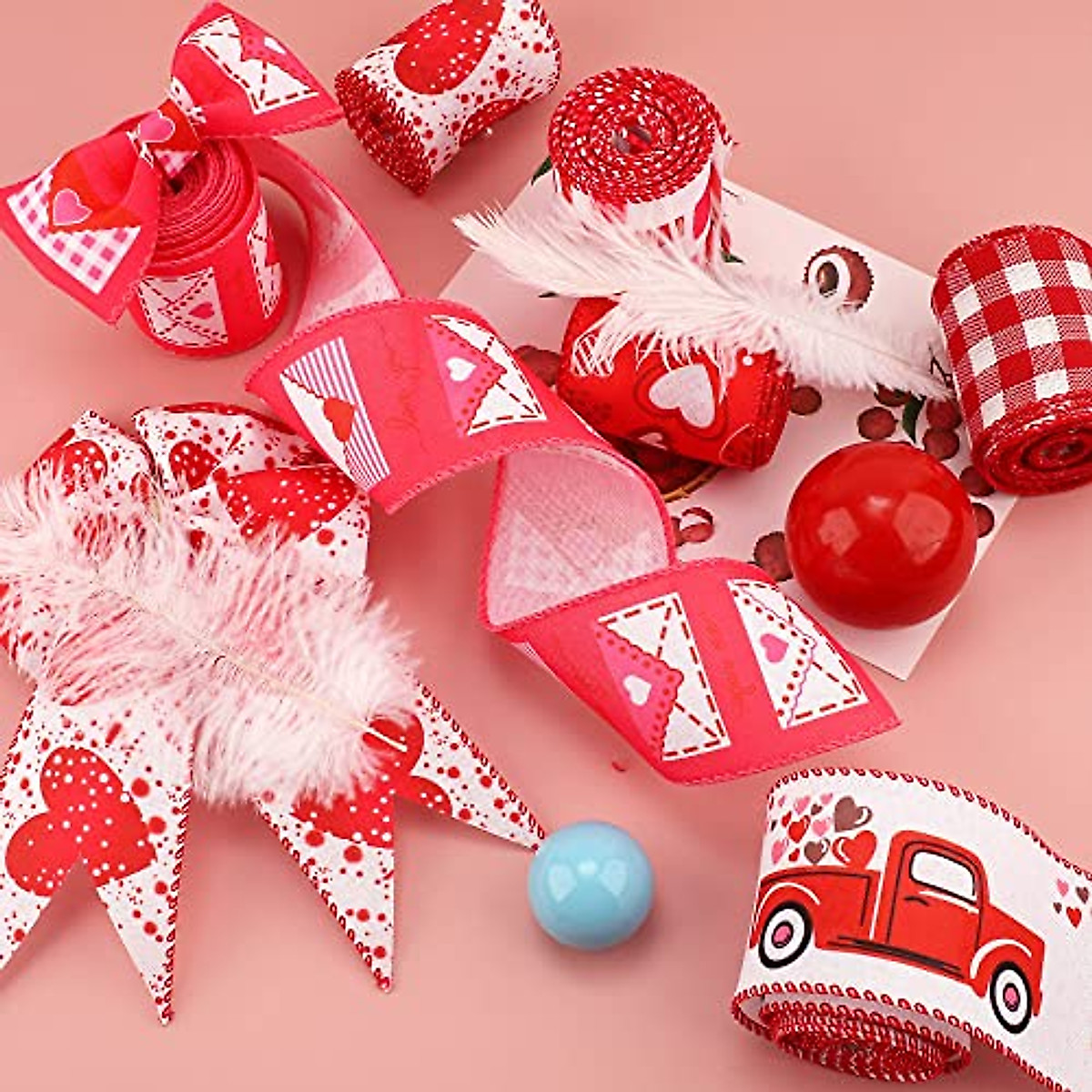 6 Rolls Heart Wired Ribbon 2.5" Valentine's Day Burlap Ribbon Buffalo Plaid Red Pink Heart Truck Love Letter Ribbon for Gift Wrapping Home Wedding Anniversary Decor Bows Wreath Craft, 30 Yards