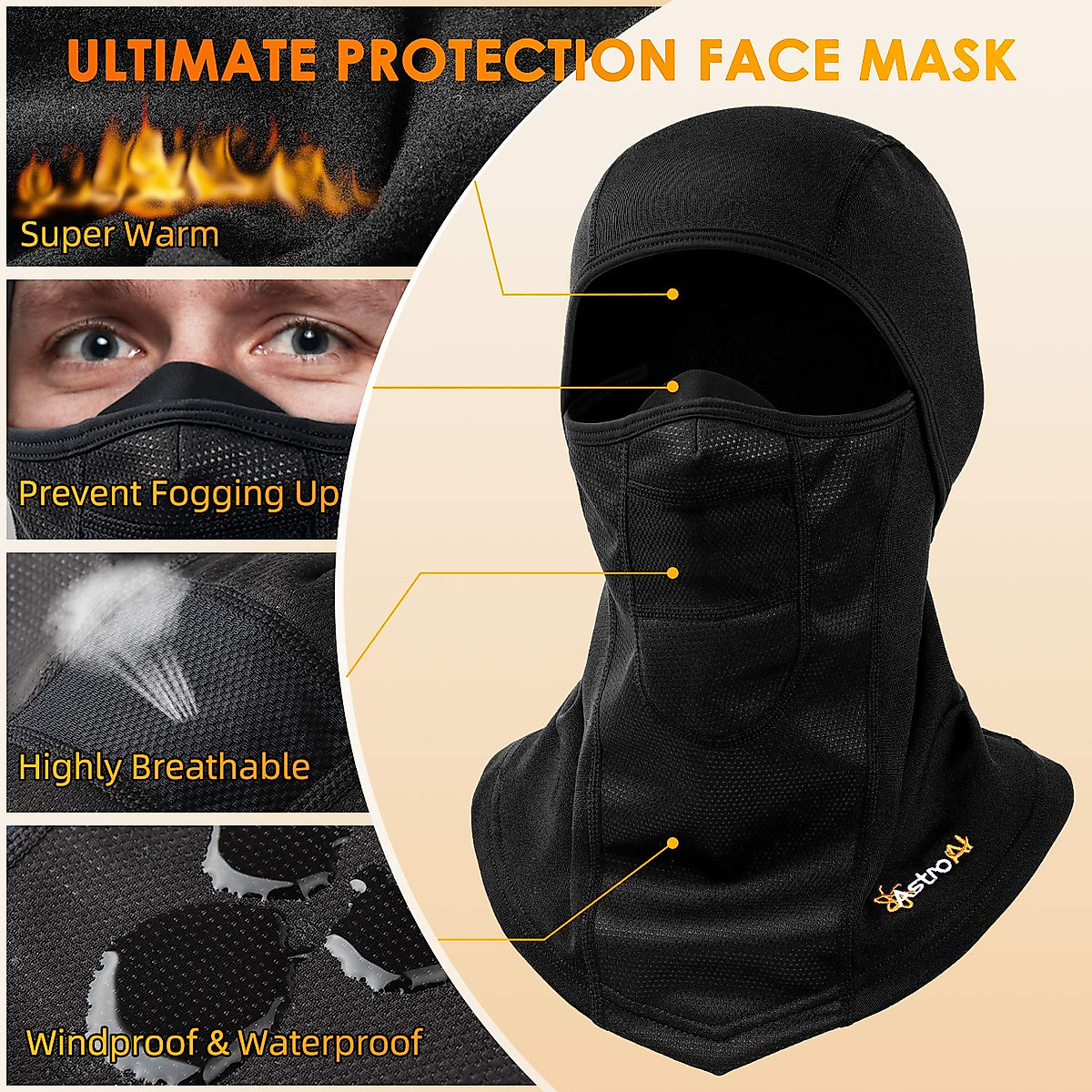 AstroAI Ski Mask Windproof Balaclava for Cold Weather, Winter Face Mask Breathable Stretchable for Skiing, Snowboarding, Black