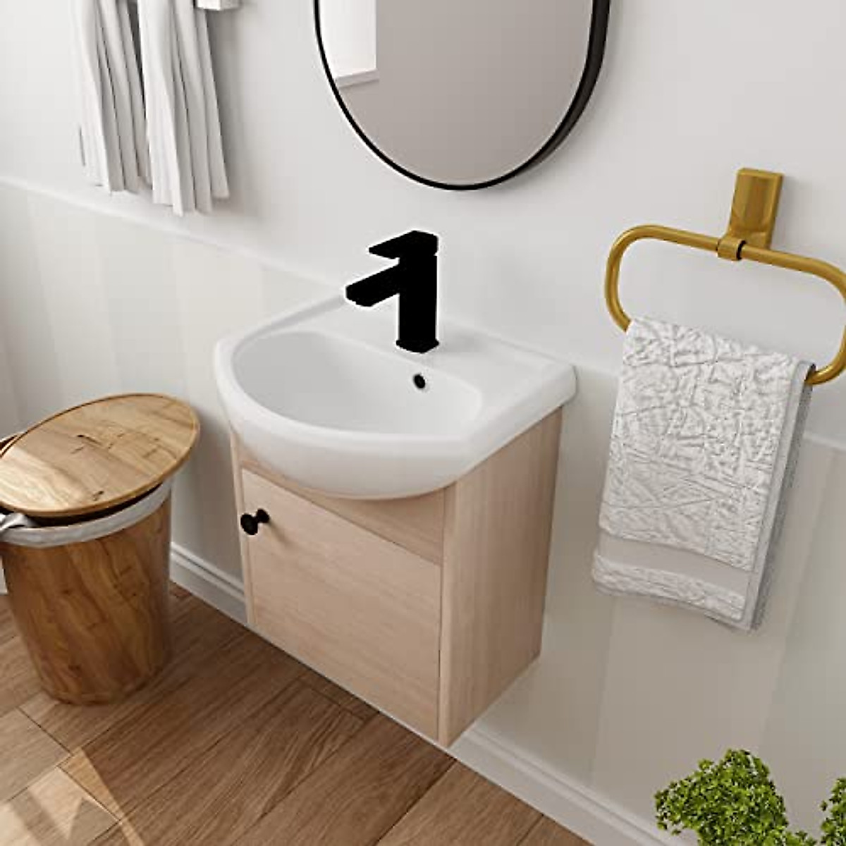 HomSof Small Size 18 Inch Bathroom Vanity with Ceramic Sink,Wall Mounting Design，18"x14", Plain Light Oak