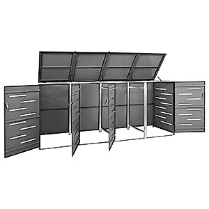 Canditree Outdoor Large Storage Shed for Garbage Cans, Stainless Steel Quadruple Wheelie Bin Shed with 4 Doors for Patio (Anthracite)