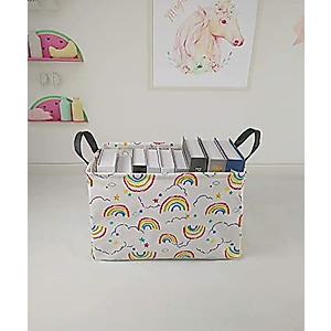 HUAYEE Colorful Rainbow Rectangular Storage Bin Shelf Basket Canvas Fabric Toy Box,Waterproof Coating Nursery Hamper with Handles,Gift Basket for Home,Office,Clothes,Books(Rainbow)