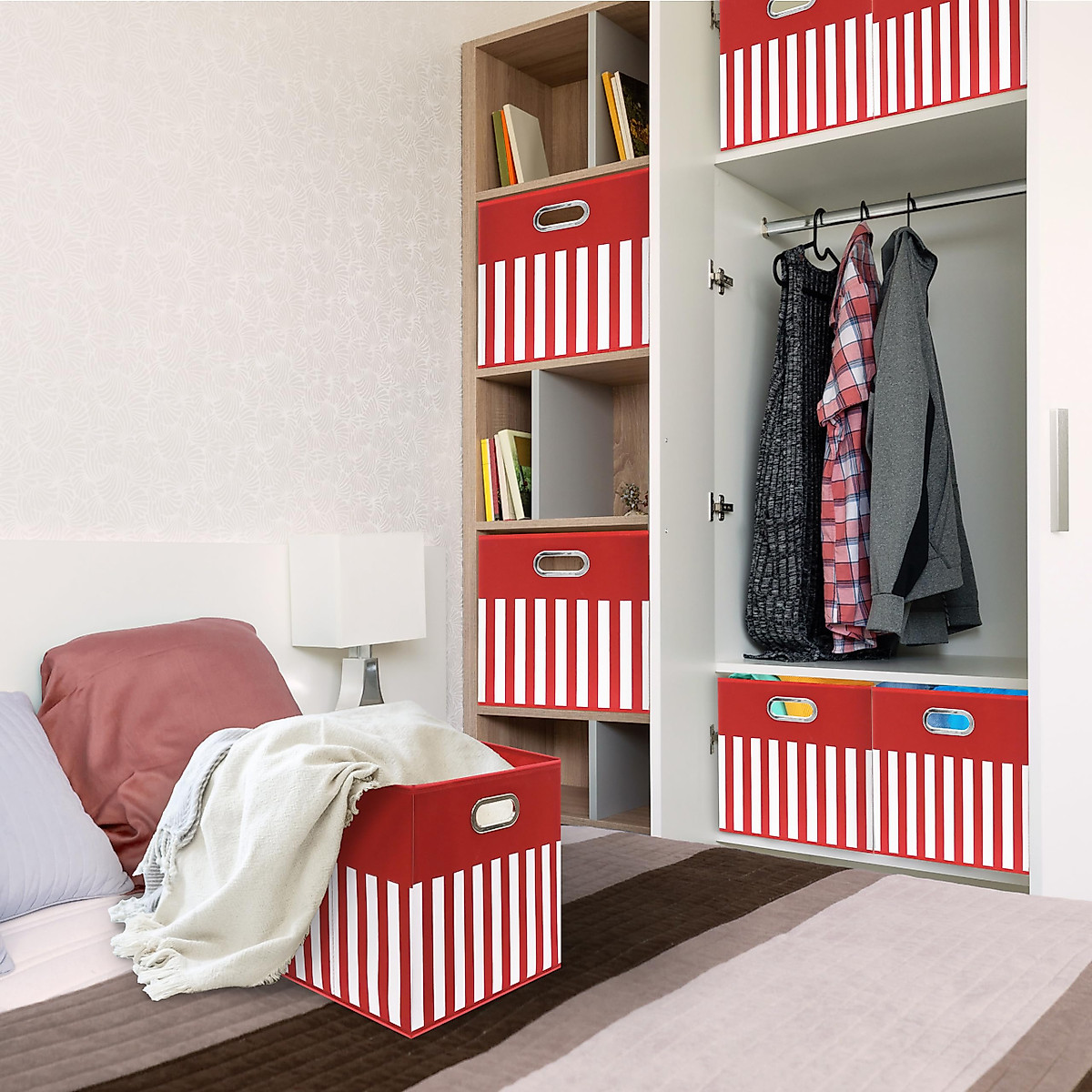 Simple Houseware 3 Pack 13" Printing Fabric Cubic Storage Bin with Handles, Red