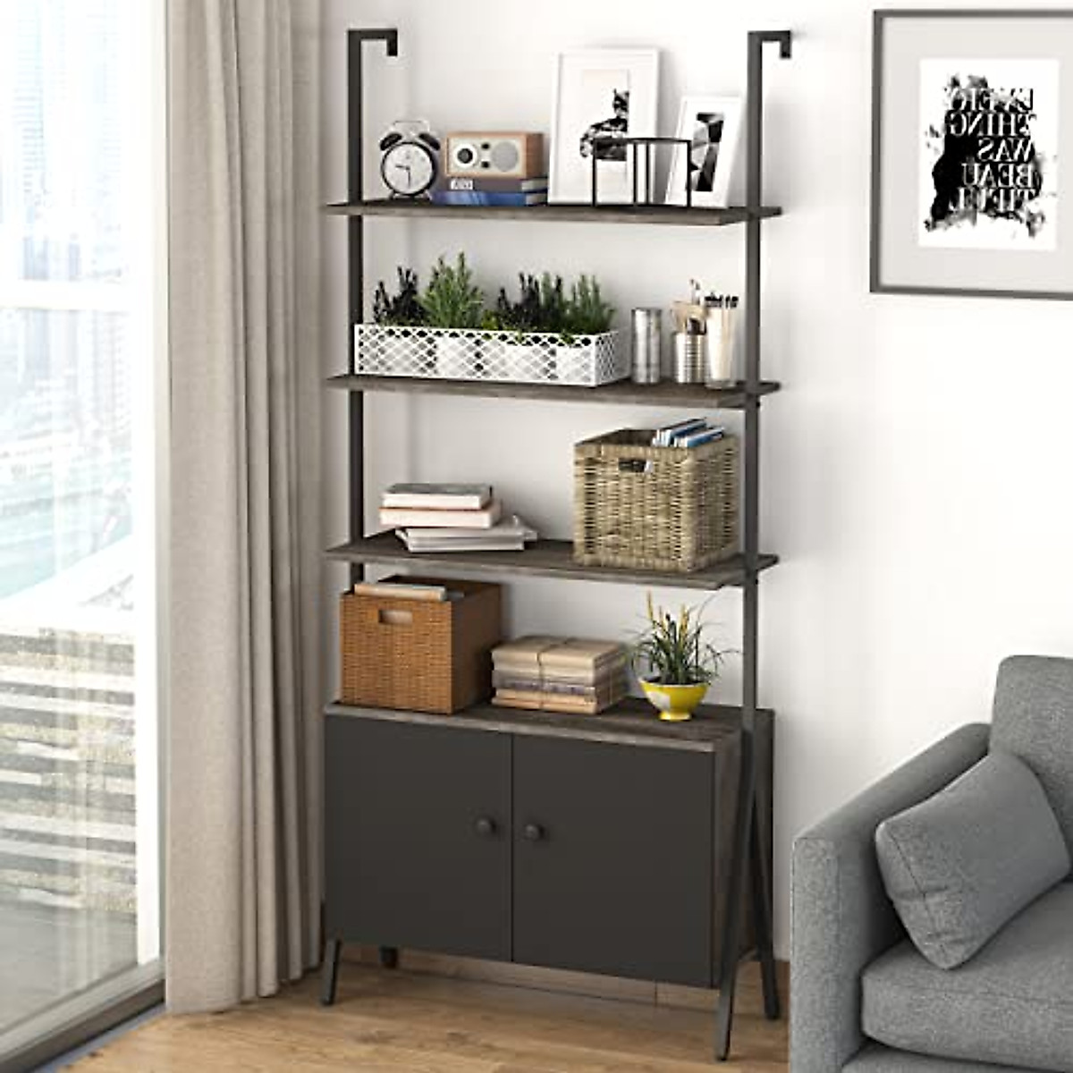 Usinso Wood Metal Ladder Bookshelf, Industrial 4-Tier Black Bookcase with Wide Storage Cabinet, Rustic Brown Bookshelf for Living Room, Shelves for Storage Bedroom, 30L x 13W x 70H Inch