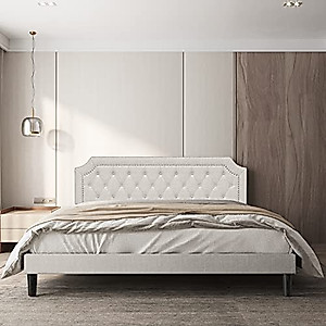 BONSOIR King Size Bed Frame Upholstered Low Profile Traditional Platform with Tufted and Nail HeadboardLinen Fabric Upholstery Color of Sand (Sand, King Size)