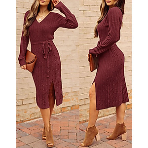 MEROKEETY Women's Long Sleeve V Neck Cable Knit Belted Bodycon Slit Sweater Dress for Party,Burgundy,S