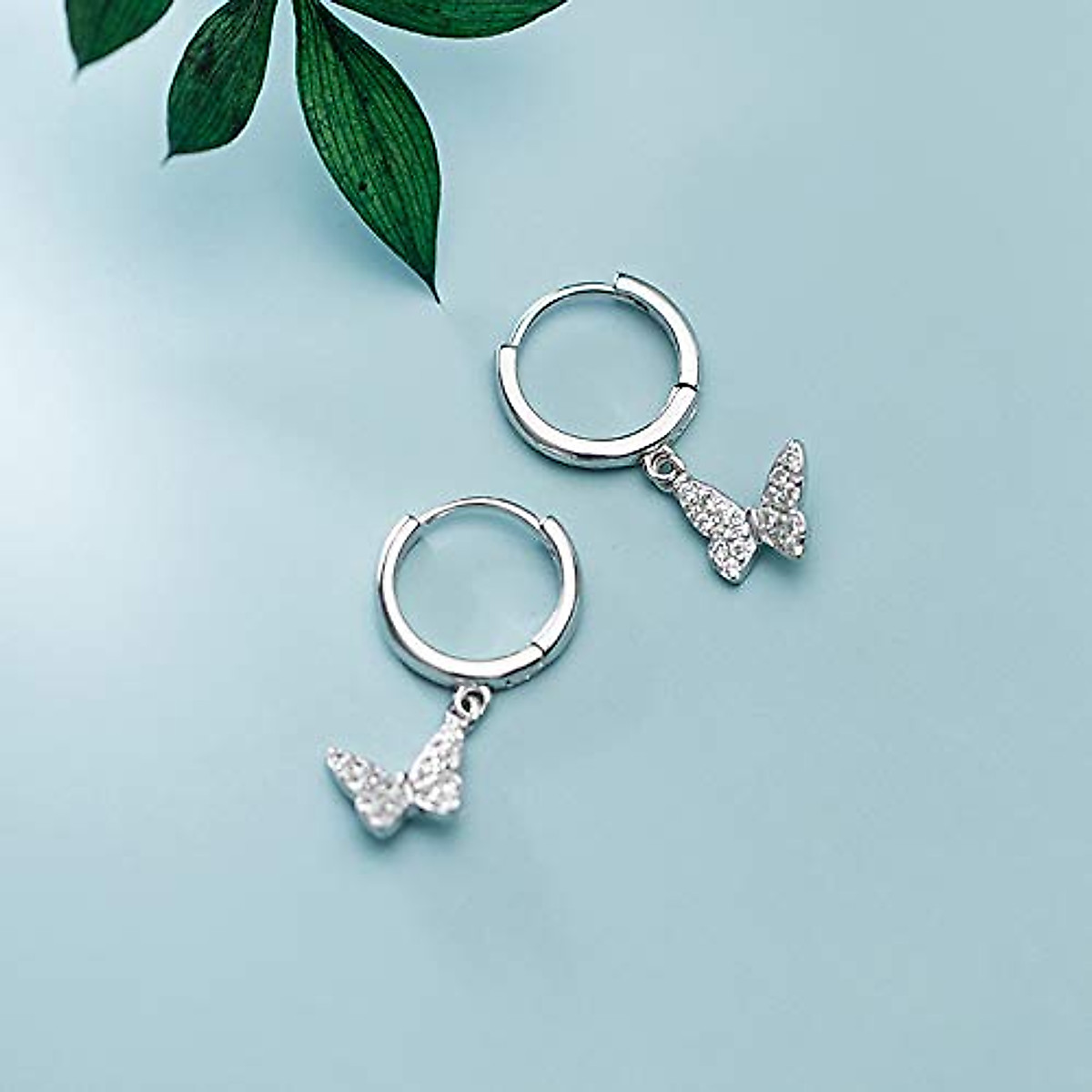 Dainty Butterfly Dangle Hoop Earrings 925 Sterling Silver for Women Girls Cute CZ Crystal Diamond Sparkly Charm Drop Cartilage Small Huggie Hoops 10mm Fashion Jewelry Christmas Gifts Hypoallergenic (Silver)