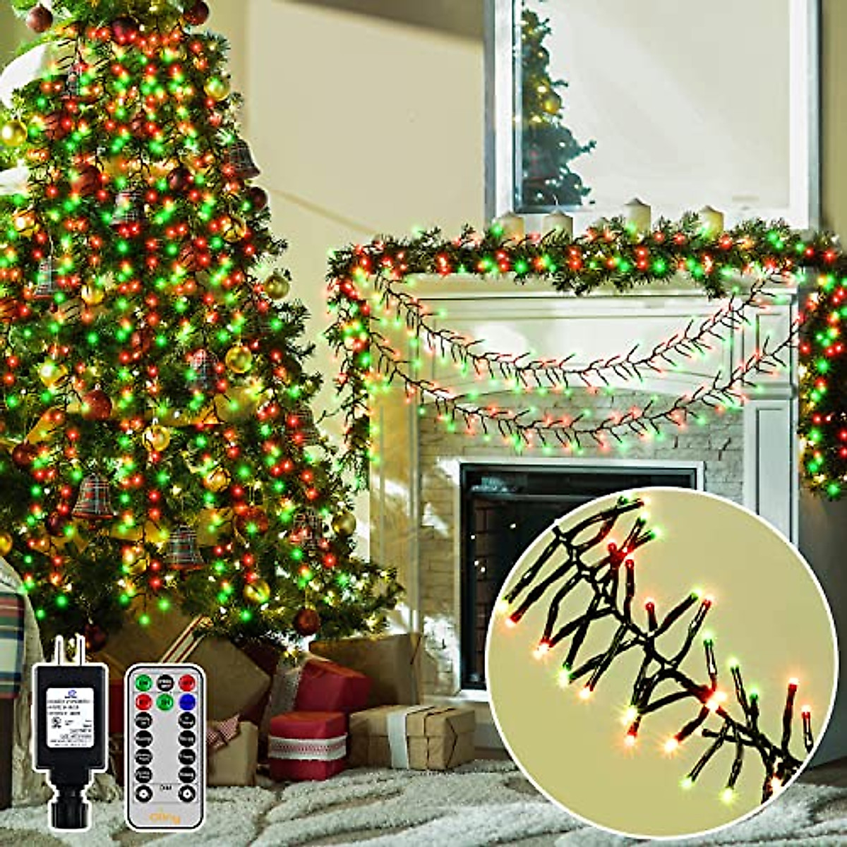 Ollny Cluster Lights for Christmas Tree, 600LED 30ft Red and Green Christmas Lights Outdoor 8 Modes Timer Remote, Waterproof String Lights for Indoor Outside Garland Xmas Decorations