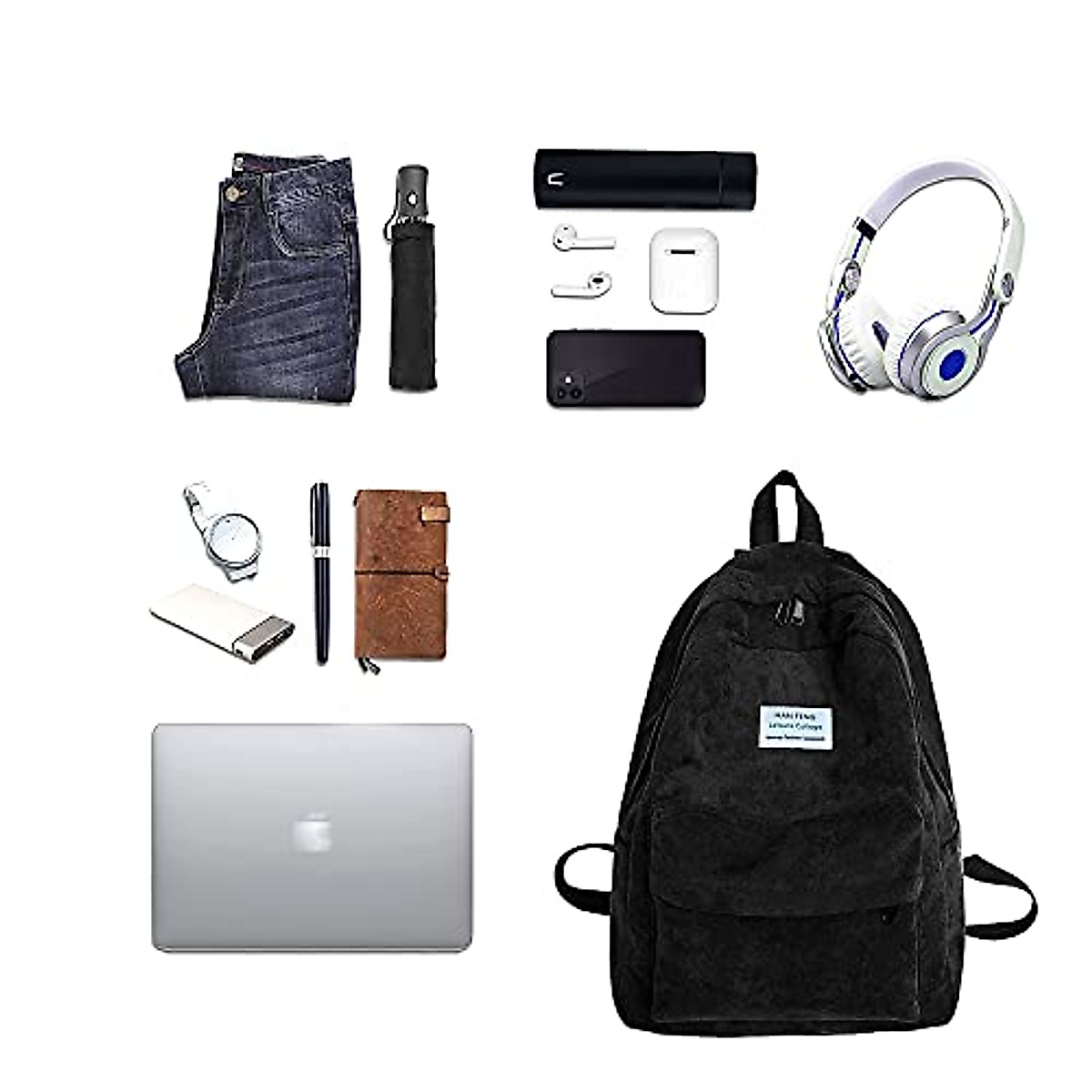 Hoce Corduroy Backpack Purse Rucksack Daypack with Anti-theft Back Pocket for Women Girls, Black