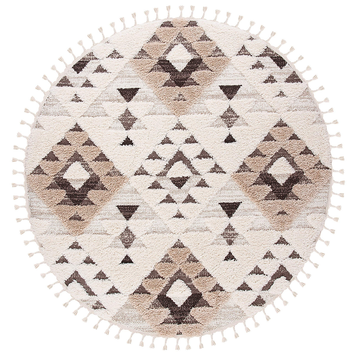 SAFAVIEH Moroccan Tassel Shag Collection Area Rug - 6'7" Round, Ivory & Brown, Boho Design, Non-Shedding & Easy Care, 2-inch Thick Ideal for High Traffic Areas in Living Room, Bedroom (MTS688A)