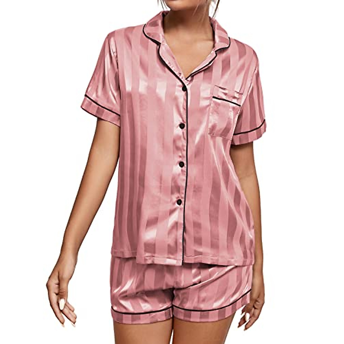 Umenlele Women's Silky Satin Striped Pajamas Short Sleeve Top with Shorts Sleepwear PJ Set Pink Small