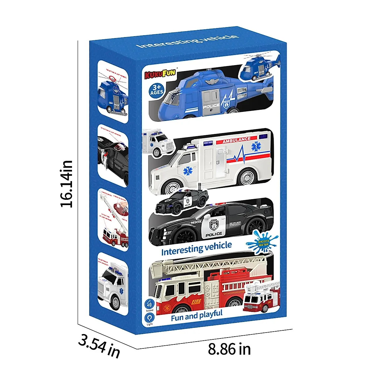 Emergency Vehicle Toy Playsets 4 Pack, Toddler Trucks Rescue Toys for Boys Age 3-5, Ambulance Car Fire Truck Play Police Car Helicopter with Light and Sound Christmas Birthday Gifts for Boys Girls