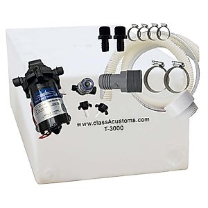 Class A Customs | 30 Gallon RV Concession Fresh Water Tank with Plumbing Kit & 12 Volt Water Pump | T-3000-BPK-PUMP