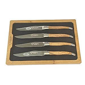 Laguiole en Aubrac Luxury Fully Forged Full Tang Stainless Steel Steak Knives 4-Piece Set with Olivewood Handle, Stainless Steel Matte Bolsters