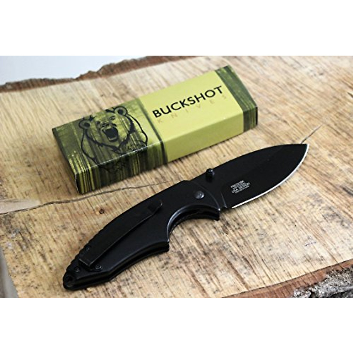 Buckshot Knives PBK221 Thumb Open Spring Assisted Tanto Cleaver Classic Wood Handle Pocket Knives (PBK221BK)