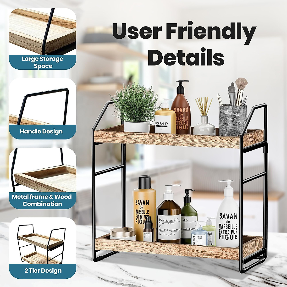 Queen Yasine 2-Tier Adjustable Bathroom Countertop Organizer with toilet paper holder – Quick Assembly, Solid Bamboo Wood Vanity Trays, Standing Cosmetic Storage Shelf for Bathroom, Bedroom or Kitchen