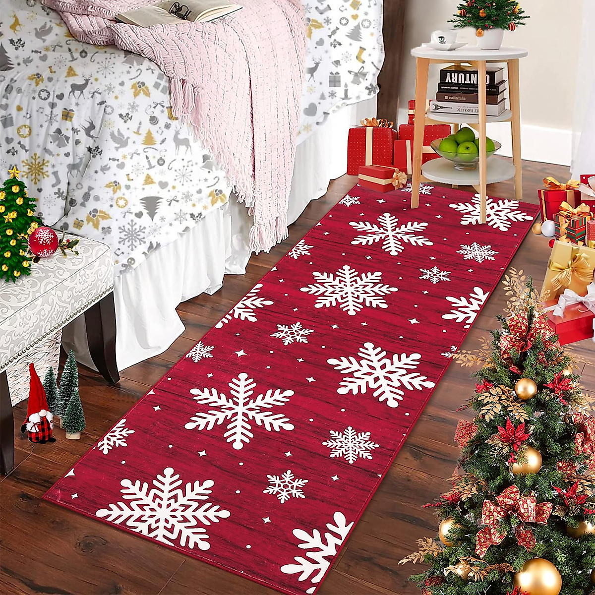 RUGSREAL Christmas Rug Runner Rug 2x6 Washable Rug Non Slip Kitchen Rugs Bedroom Decor Soft Throw Rugs Stain Resistant Carpet for Bedroom Laundry Hallway Runner Snow|Red 2'x6'
