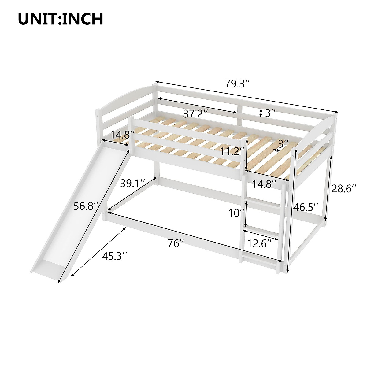 Low Bunk Beds Twin Over Twin Bunk Bed with Slide and Ladder, Wooden bunk Bed for Toddlers Kids Boys Girls (White)