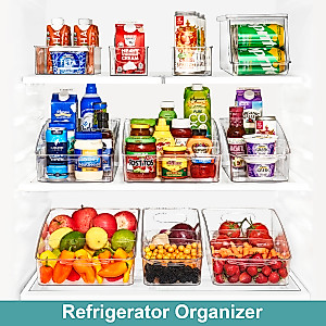 Sorbus Clear Fridge Organizer Bins & Curved Clear Rolling Bins Set - 6 Set with Egg Holder, Can Dispenser, and Varying Sizes - Curved 3 Piece Clear Storage Design with Handles, Dividers, and Wheels