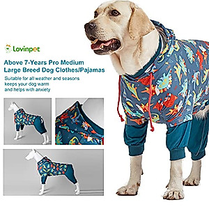 LovinPet Onesies for Pitbulls: Wound Care, Anxiety Lightweight Onesie, Large Dog Pajamas, Pjs for Dogs, Reflective Stripe, Super Dinos Navy Print, Surgical Recovery Clothes/Large