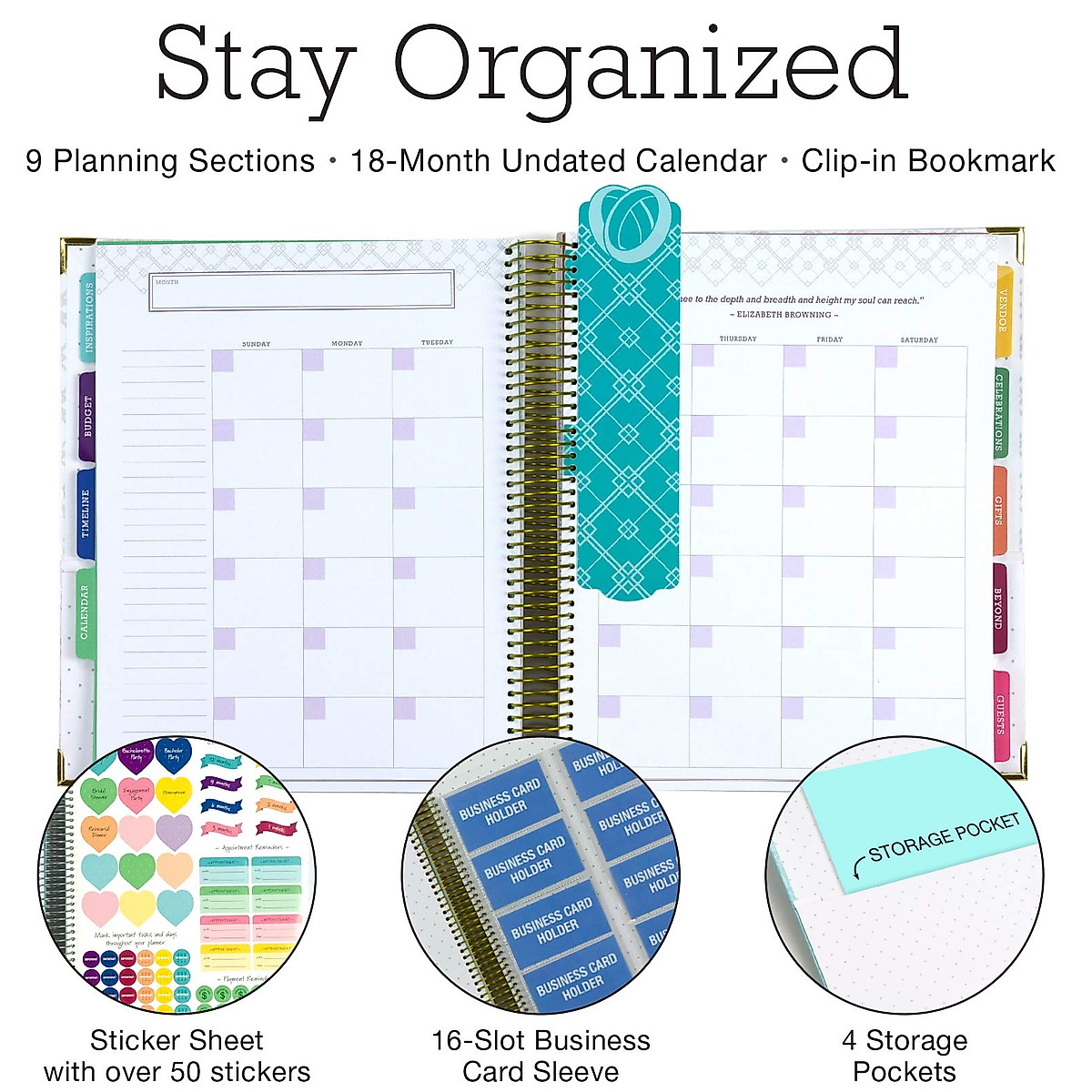 Global Printed Products Wedding Planner 9x11 Hardcover Organizer, Bookmark, Planning Stickers, Business Card Holder, and Pocket Folders